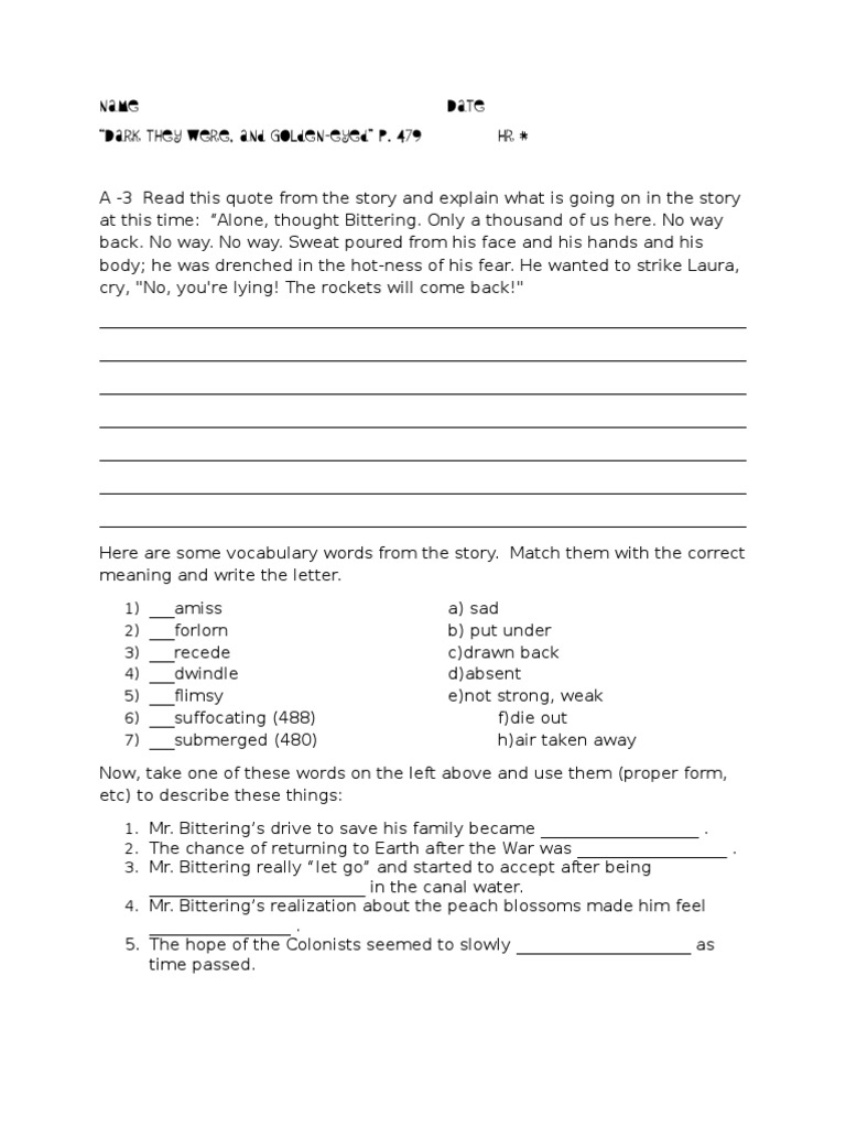 Dark They Were, and Golden Eyed - Reading Comprehension Activity | PDF