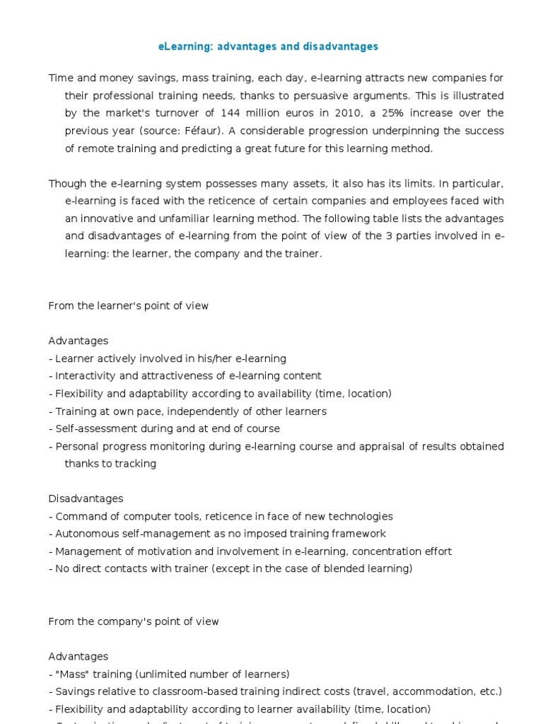 Elearning: Advantages and Disadvantages | PDF | Educational Technology ...