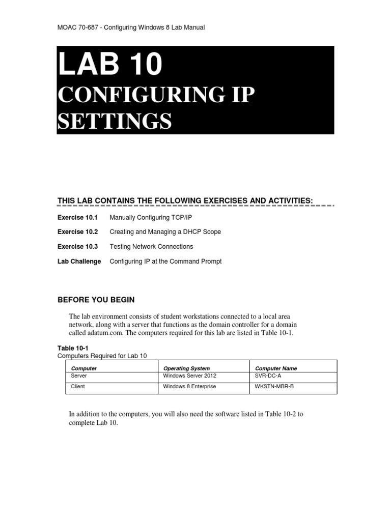 Configuring Ip Settings: This Lab Contains The Following Exercises and ...