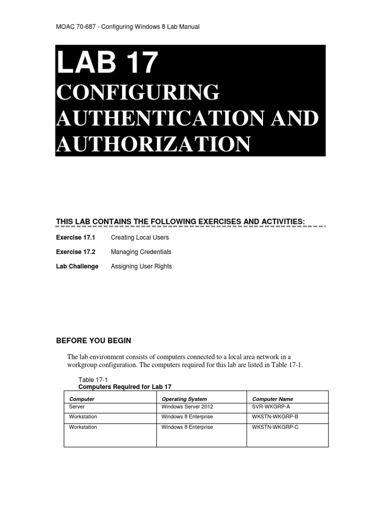 Configuring Authentication and Authorization: This Lab Contains The Following Exercises and ...