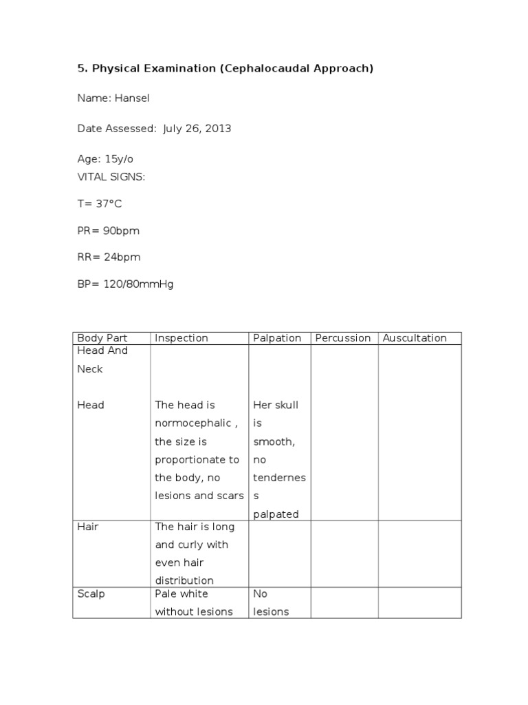 Physical Examination (Cephalocaudal Approach) | PDF | Thorax | Forehead