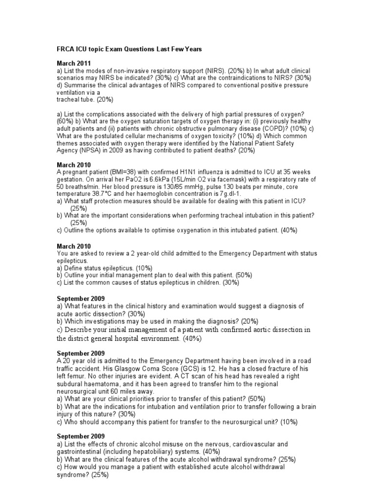 FRCA ICU Topic Exam Questions Last Few Years March 2011 | PDF | Apnea ...