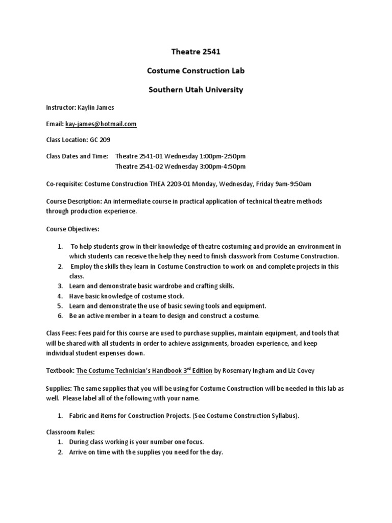 Costume Construction Lab Syllabus | PDF | Homework | Teaching And Learning