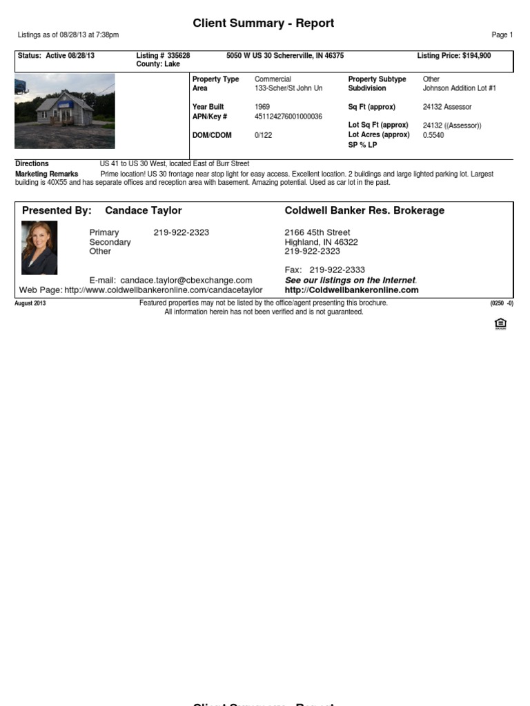 Client Summary - Report: Presented By: Candace Taylor Coldwell Banker ...