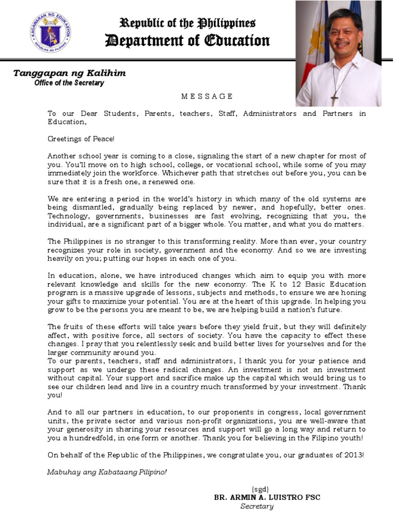 DepEd - Secretary Bro. Armin Luistro - 2013 Graduation Message | PDF ...