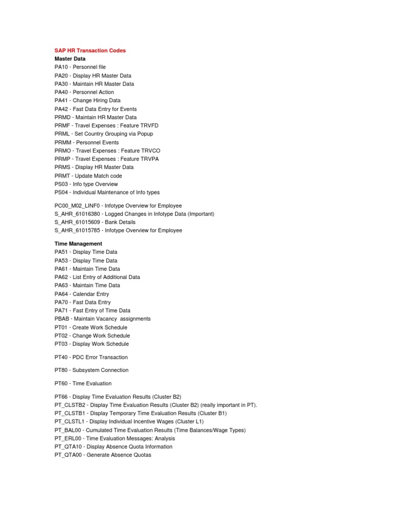 SAP HR Transaction Codes.docx | Payroll | Employment