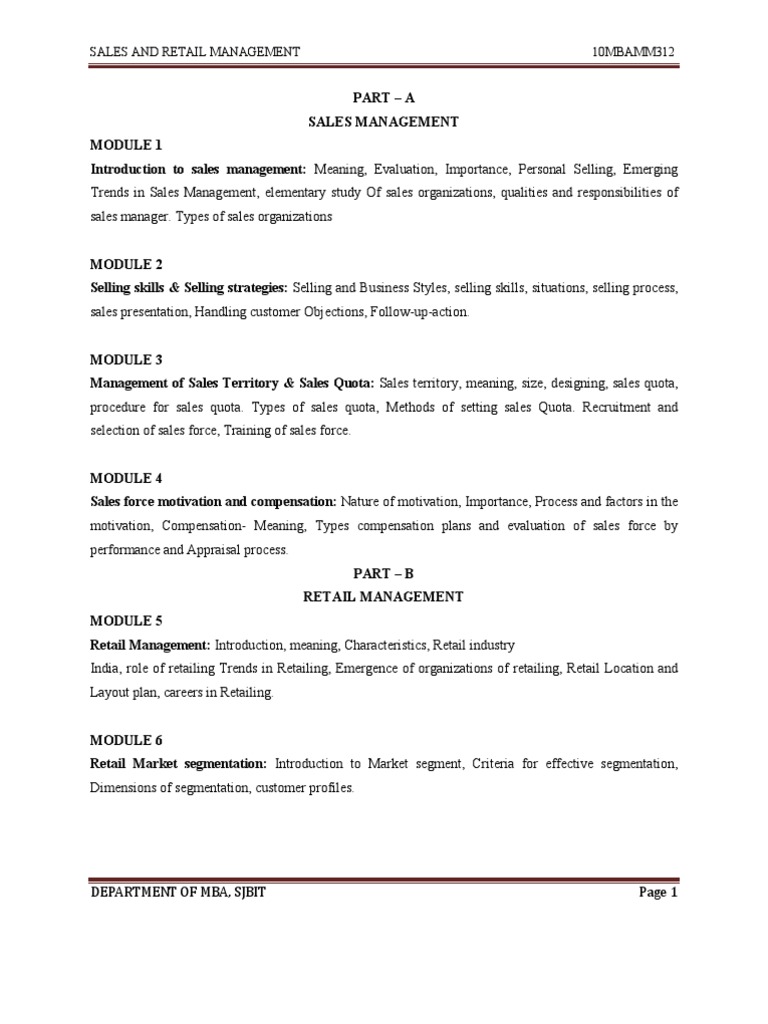 Mba-III-sales & Retail Management (10mbamm312) - Notes | Download Free ...