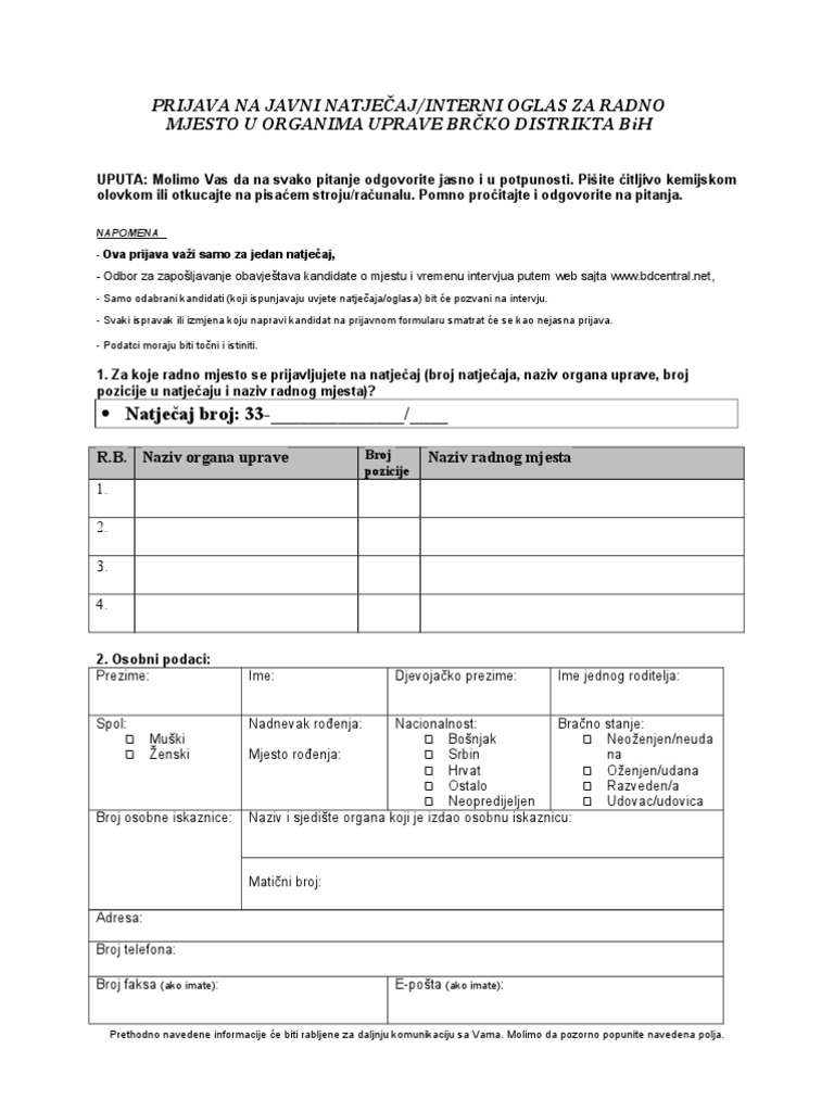 Obrazac-Prijava Na Javni Konkurs-Interni Oglas Za Radno Mjesto U Organu Uprave-Hr-12-2 | PDF