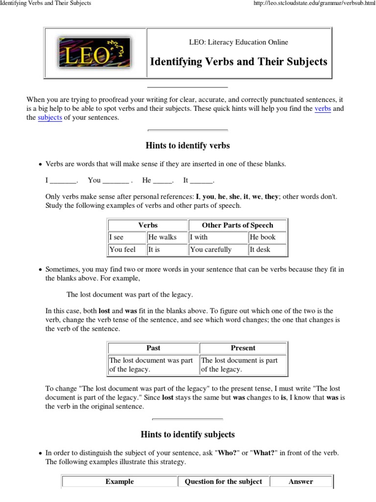 Identifying Verbs and Their Subjects PDF | PDF | Subject (Grammar) | Verb