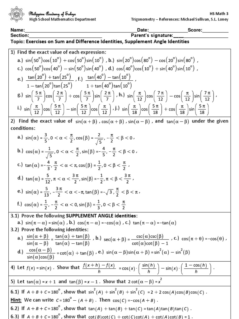 Sum and Difference Identities Worksheet | PDF
