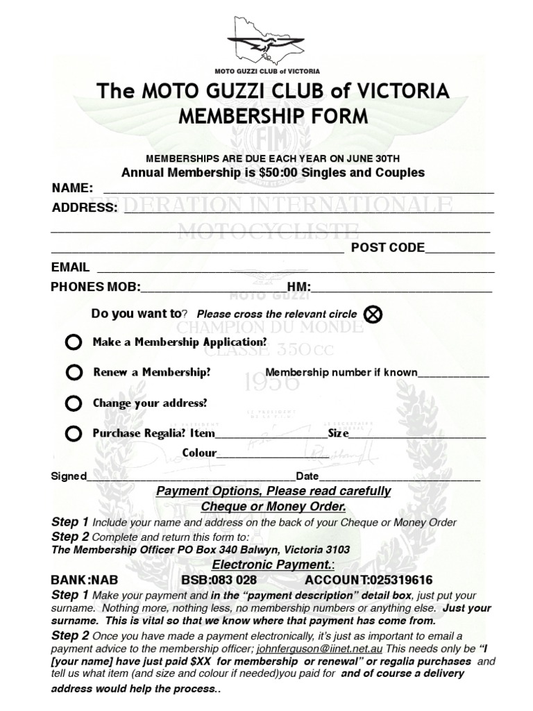 Moto Guzzi Club Membership Form | PDF