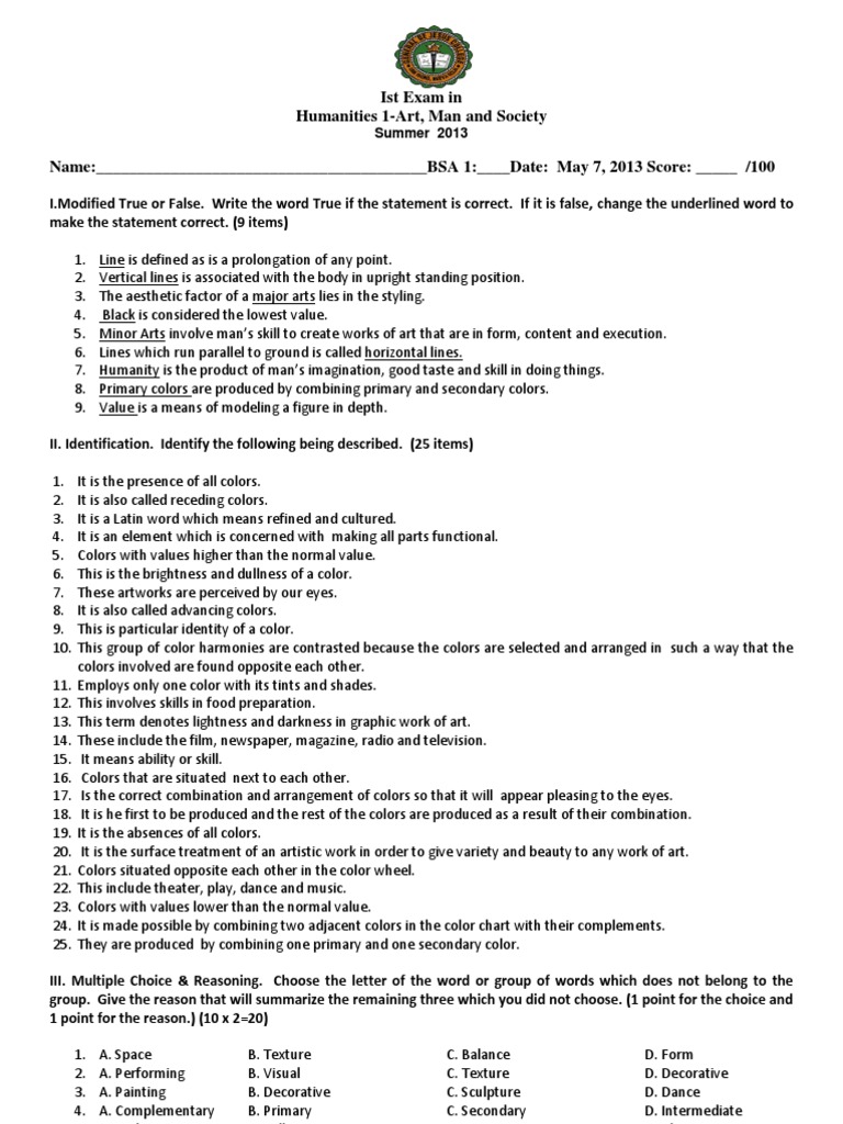 Exam in Humanities 1 | PDF | Color | Paintings