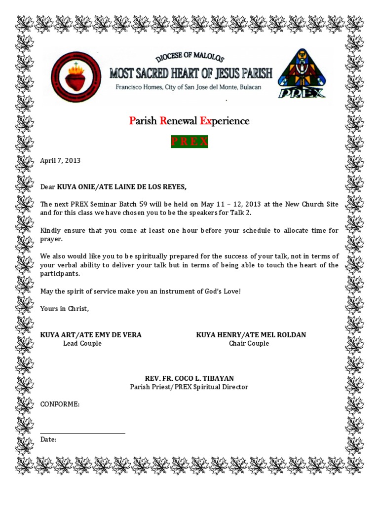 Assignments for Talks at the Parish Renewal Experience PREX Seminar ...