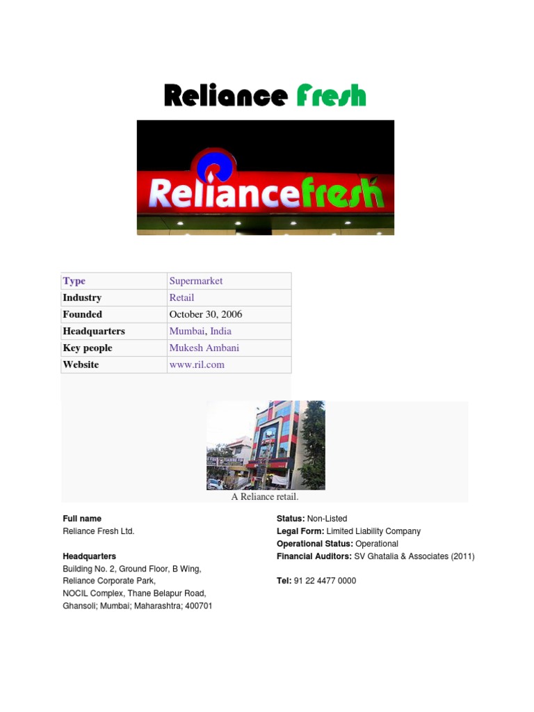 Reliance Fresh Assignment | PDF | Retail | Business