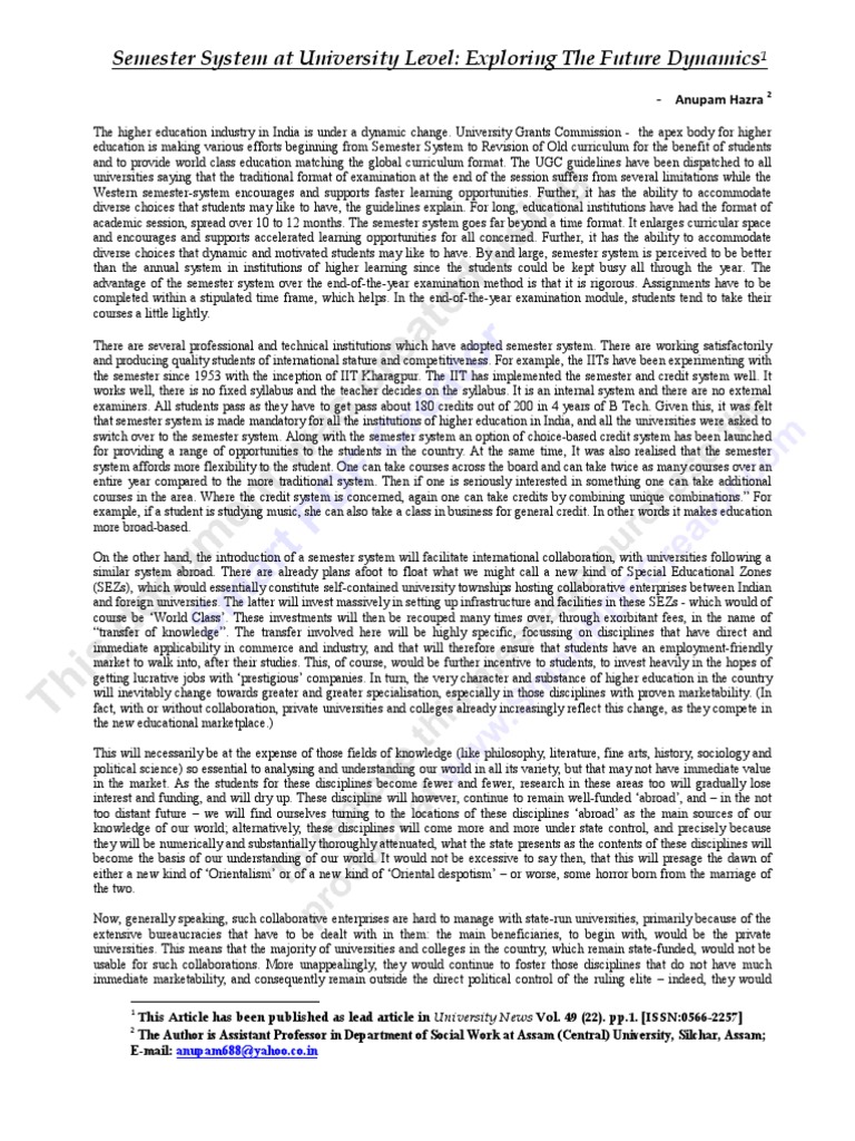 Article Semester System | PDF | Curriculum | University