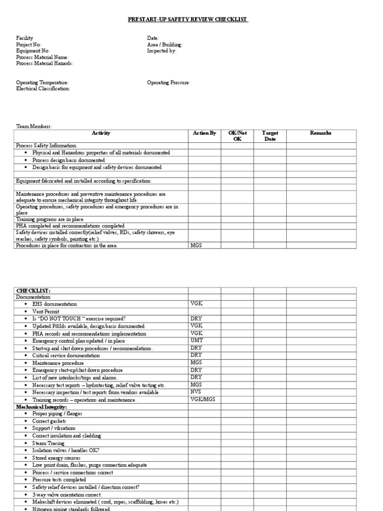Pre-Startup Safety Review Checklist | PDF | Valve | Safety