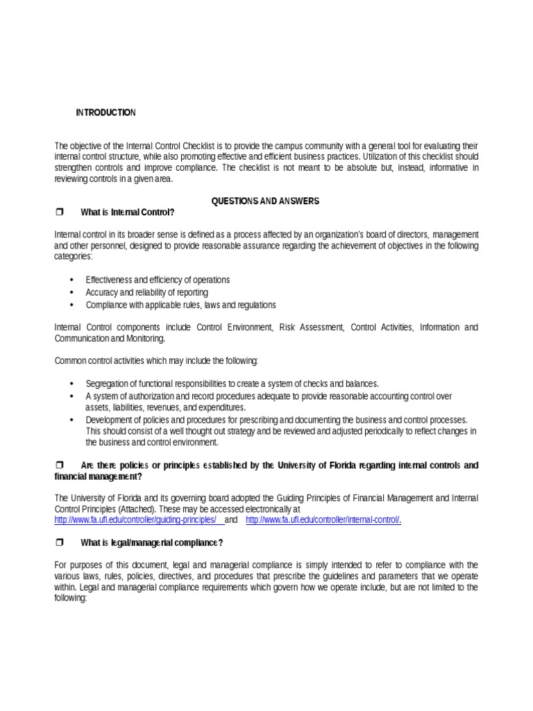 Internal Controls Checklist | Download Free PDF | Internal Audit | Audit