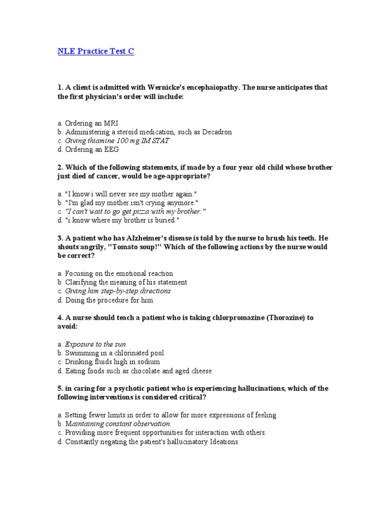 Nle Practice Test C | PDF | Sexual Intercourse | Schizophrenia