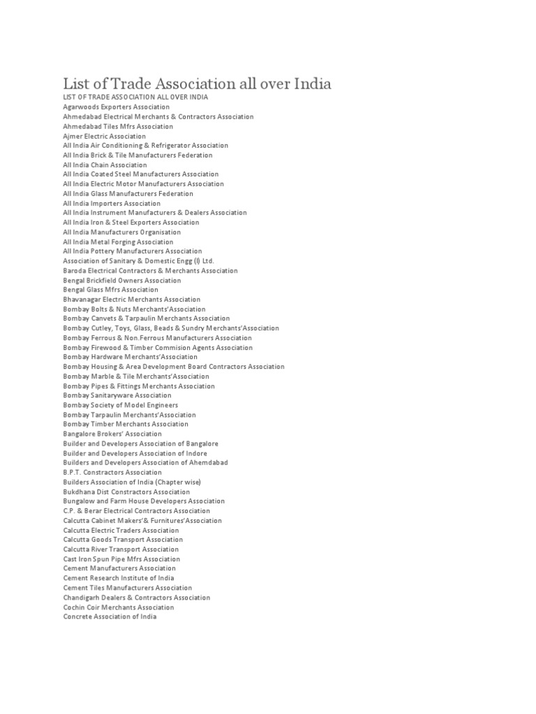 Comprehensive List of Trade Associations | PDF | Mumbai | Economic Sectors