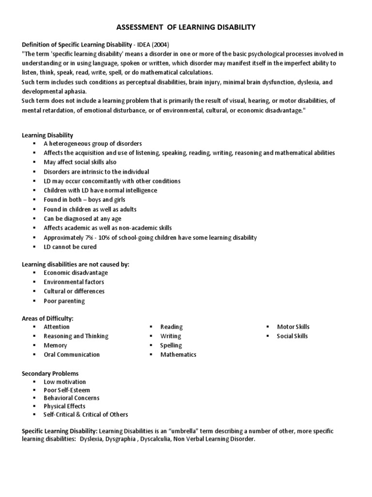 Assessment of Learning Disability | PDF | Learning Disability | Dyslexia