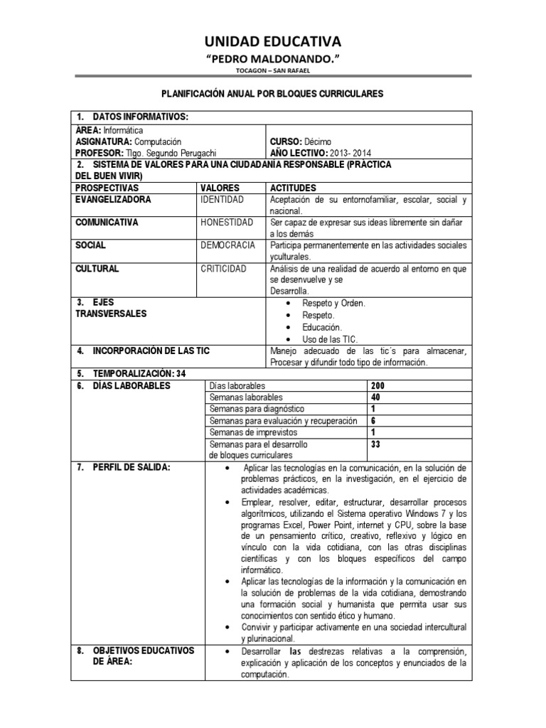 PLAN ANUAL DE COMPUTACIÓN 10mo | PDF | Hoja de cálculo | Microsoft Excel
