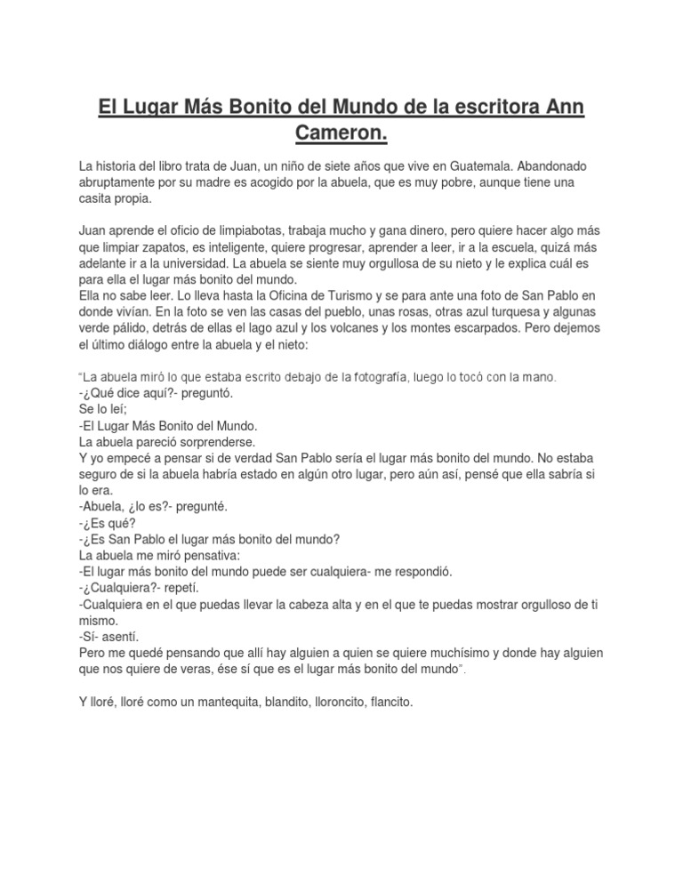 El Lugar Más Bonito Del Mundo de La Escritora Ann Cameron | PDF | Poesía