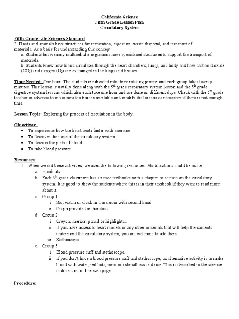 Grade 5 Circulatory System Lesson Plan | PDF | Heart Valve | Heart
