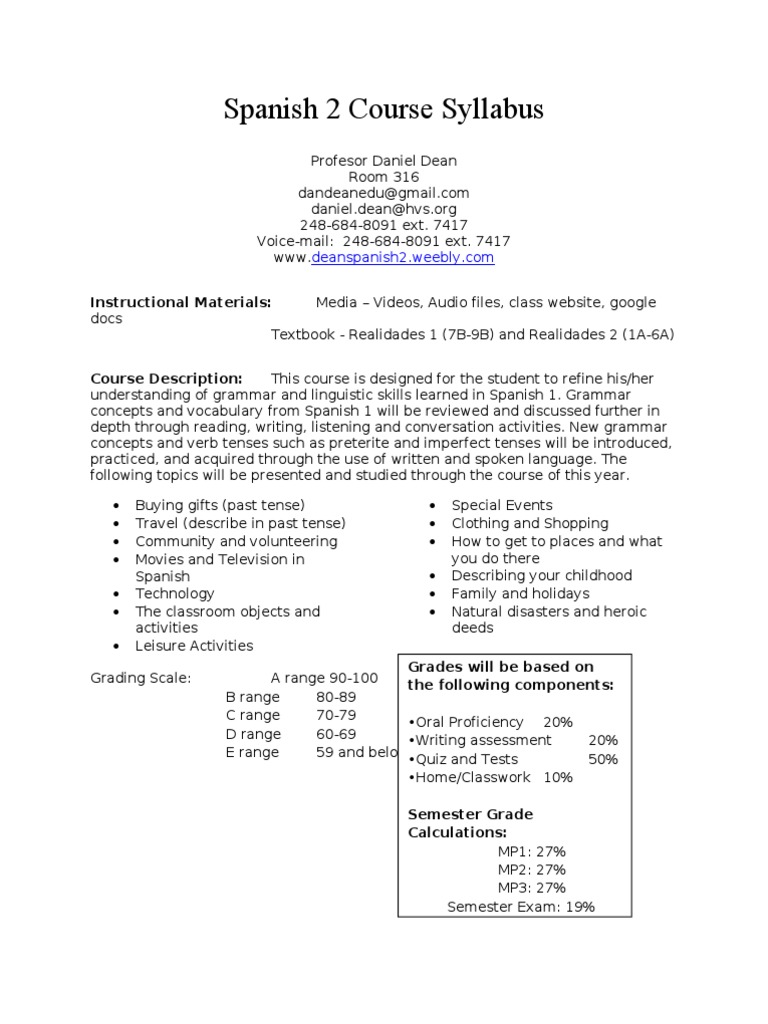 Spanish 2 Course Syllabus 2013 | PDF | Foreign Language Studies