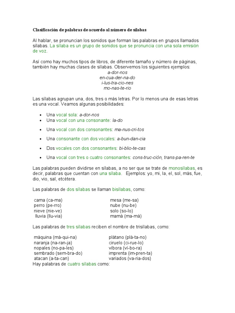 Clasificación de palabras por sílabas | PDF | Vocal | Sílaba
