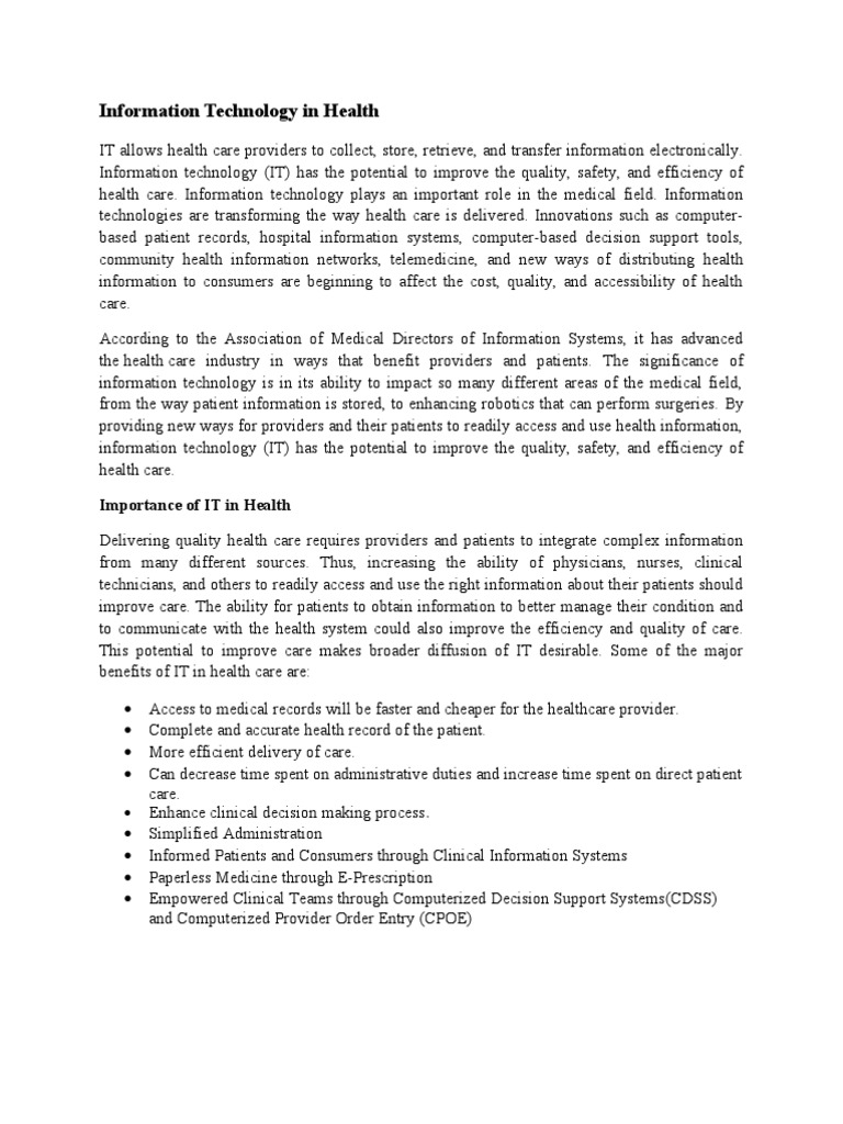 Role of Information Technology in Medicine | PDF | Health Care | Health ...