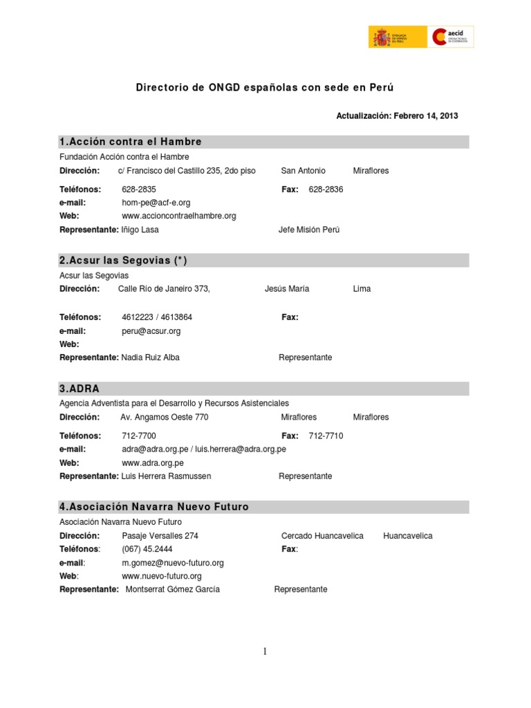 Lista Ong Españolas en Peru 2013 - Aecid | PDF | Lima | Perú