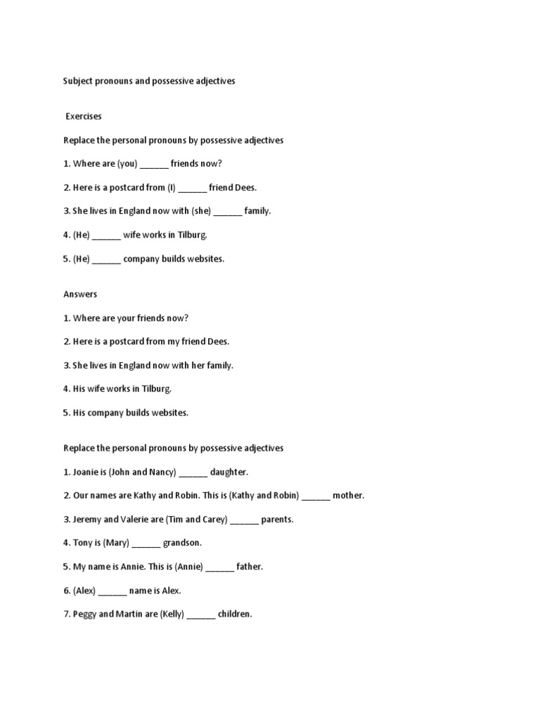Subject Pronouns and Possessive Adjectives | PDF | Syntax | Linguistic ...