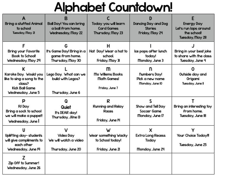 Alphabet Countdown Activities Schedule | PDF