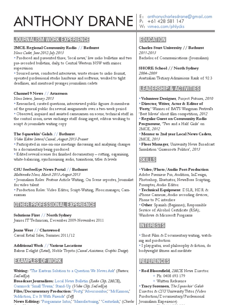 Anthony Drane CV | PDF | News | Journalism