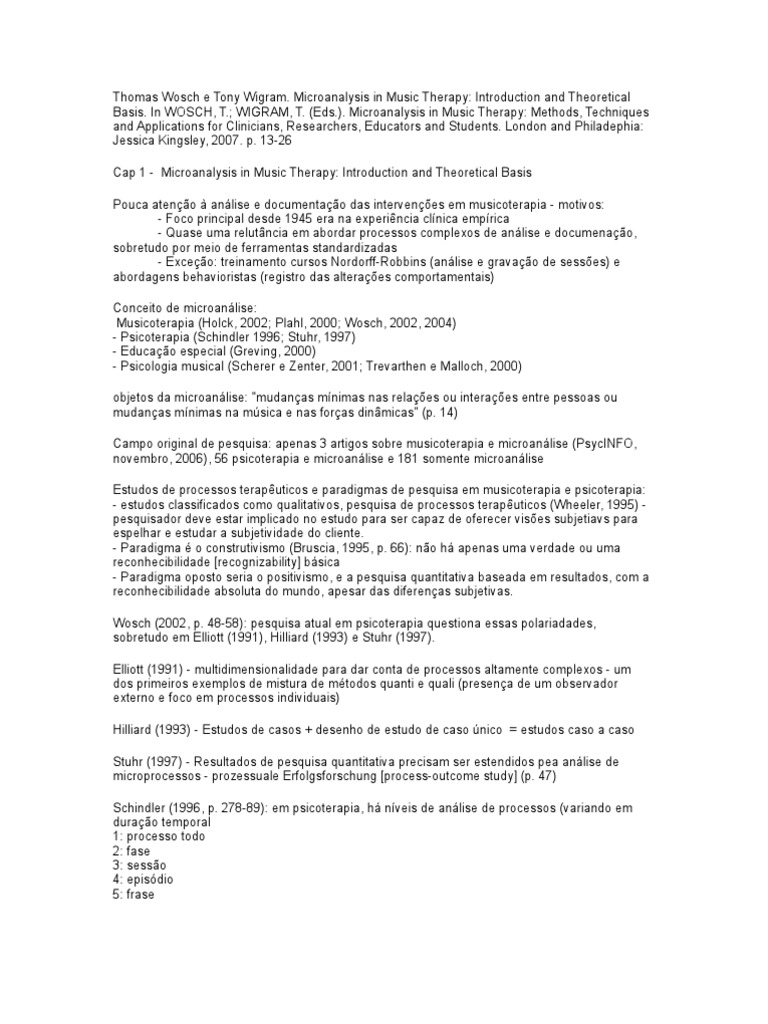 Anotações de Wosch e Wigram - Microanalysis in Music Therapy | PDF ...