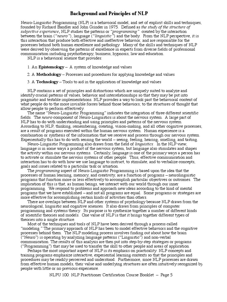 NLPU 100 Background of NLP | PDF | Neuro Linguistic Programming ...