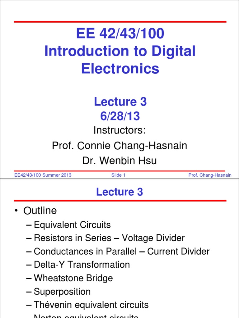 EE 42/43/100 Introduction To Digital Electronics: Instructors: Prof ...