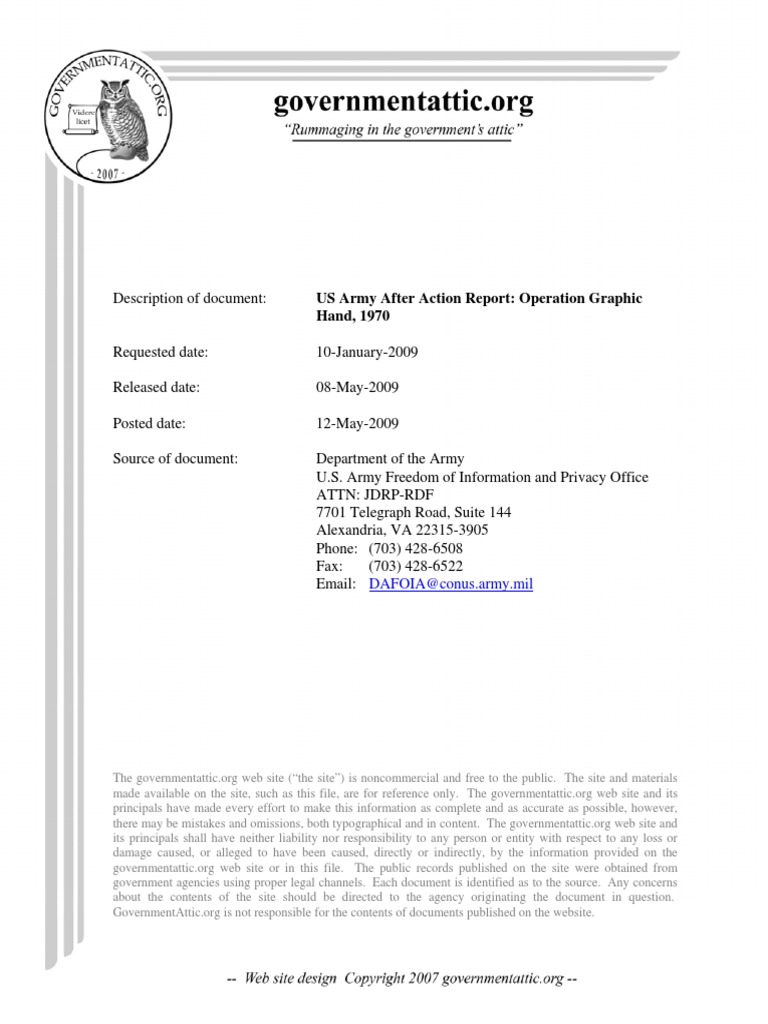 US Army After Action Report: Operation Graphic Hand, 1970 | PDF