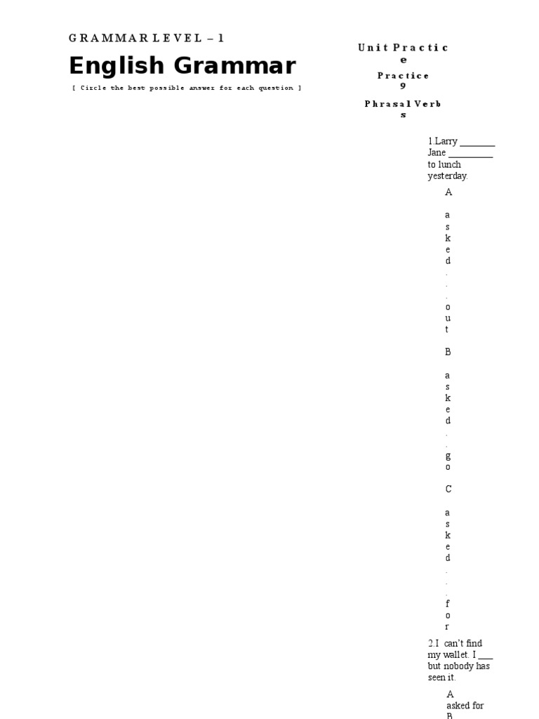 English Grammar: Grammar Level - 1 Unit Practic e | PDF