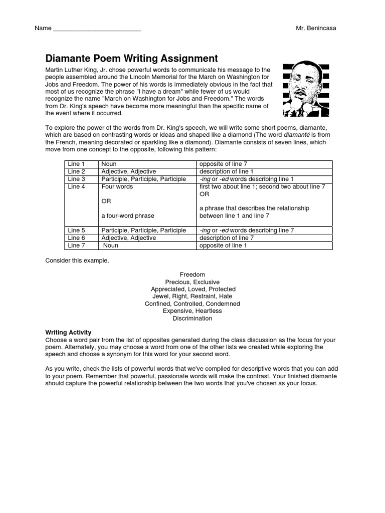 MLK Diamente Poem Rubric and Assignment | Download Free PDF | Martin ...