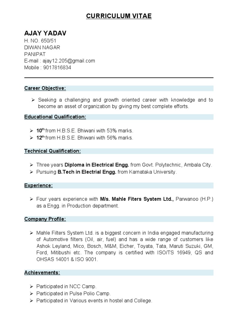 Curriculum Vitae Ajay Yadav: Career Objective | PDF