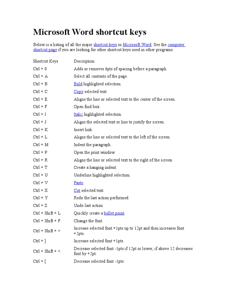 Microsoft Word Shortcut Keys | PDF