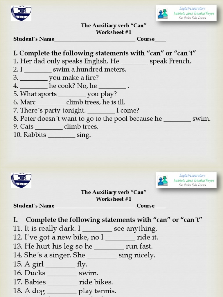 Auxiliary Verb Can Worksheet #1 | PDF