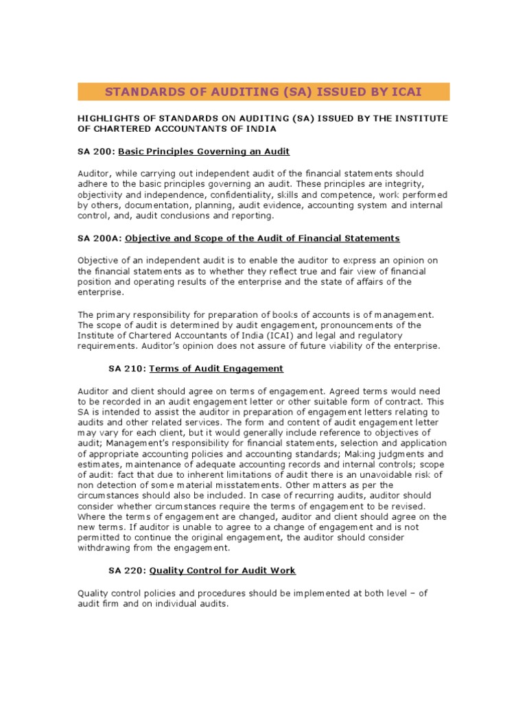Standards of Auditing (Sa) Issued by Icai | PDF