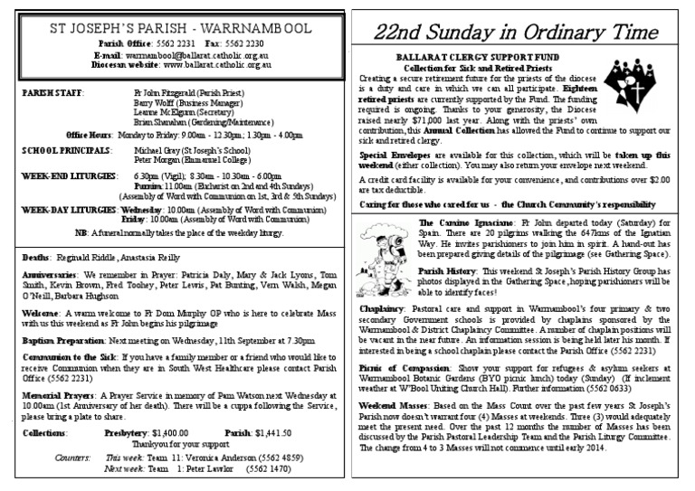 22nd Sunday in Ordinary Time | PDF | Parish | Mass (Liturgy)