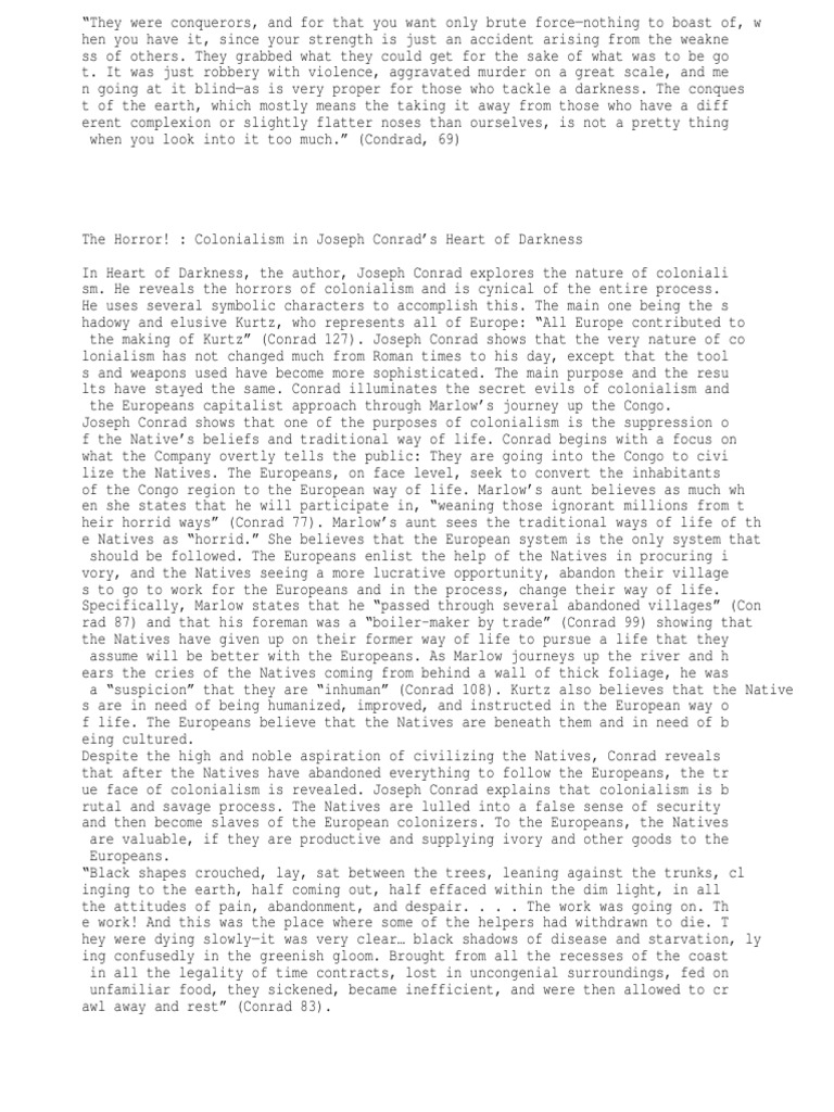 The Horror: Colonialism in Joseph Conrad's Heart of Darkness | PDF ...