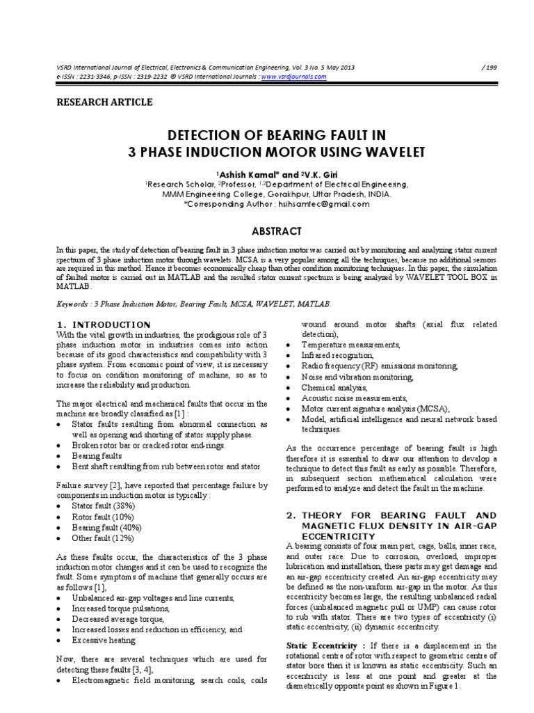 Detection Of Bearing Fault In 3 Phase Induction Motor Using Wavelet Pdf Electromagnetism Force