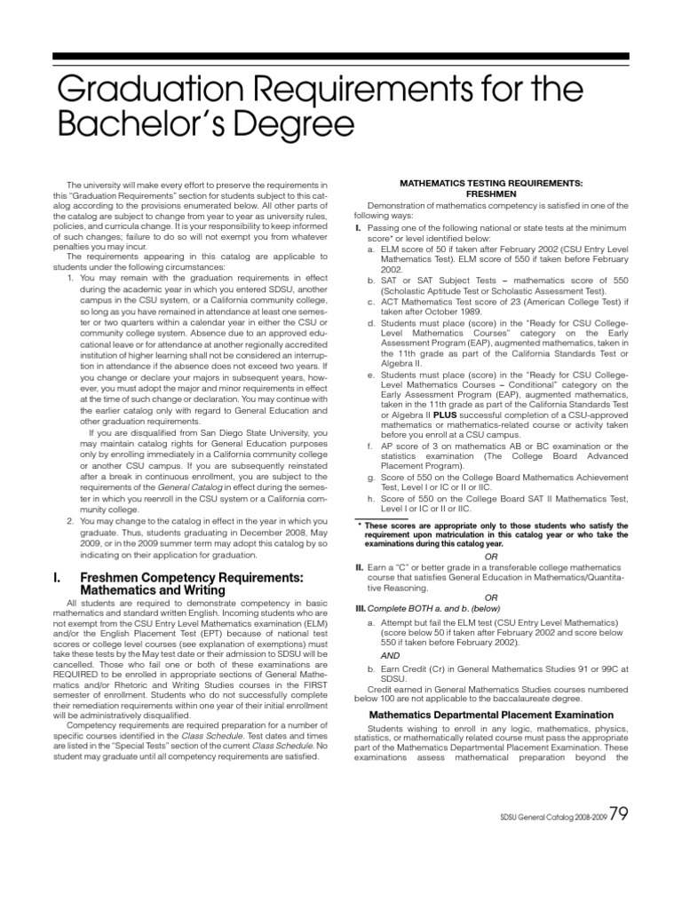 Graduation Requirements For The Bachelor's Degree: I. Freshmen ...