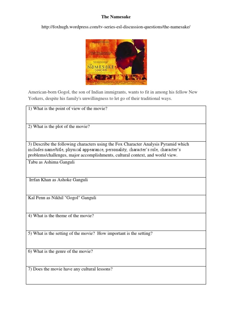 The Namesake Worksheet | PDF