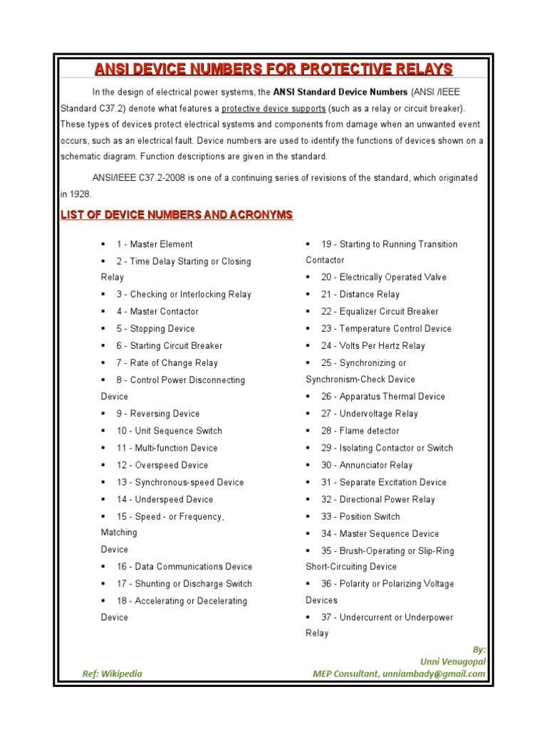 Ansi Code for Protective Relay | Relay | Switch